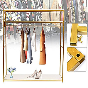 LGODDYS Gold Metal Clothing Rack with 3 Wood Shelf Heavy Duty Freestanding Garment Rack Wedding Dress Retail Studio Display Stand Shoes Bags Clothes Organizer Storage Shelves