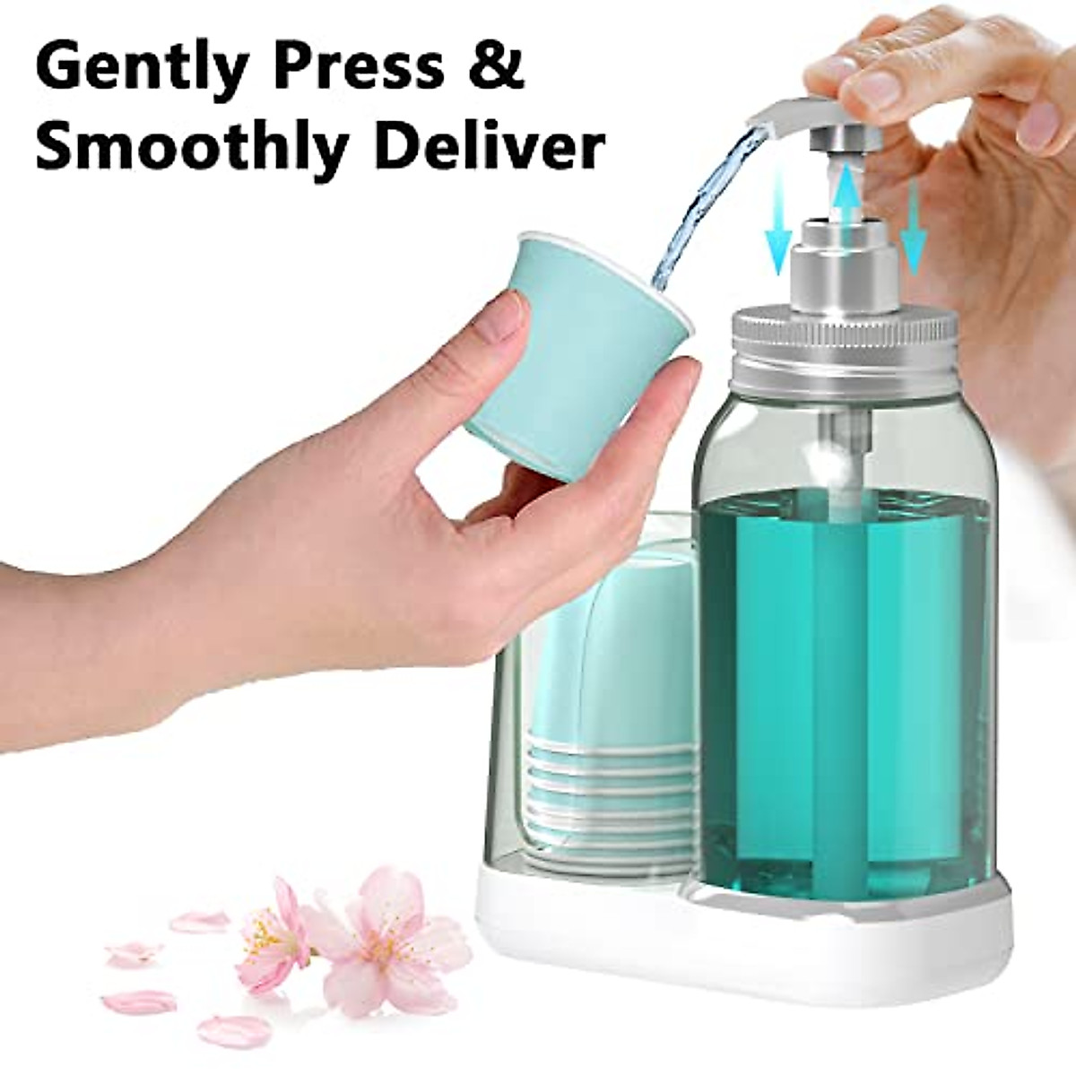 WhiteRhino 25oz Mouthwash Pump Dispenser, Mouthwash Container with Cup Holder, Refillable Round Bottles, Mouthwash Decanter with 8 Piece 4oz Paper Cup, for Bathroom, Countertop, Cupboard(Clear Bule)