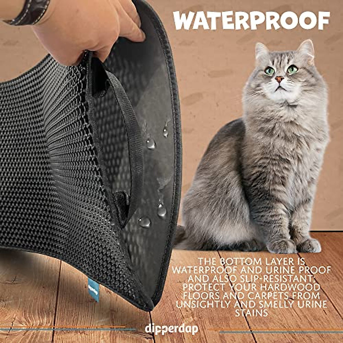dipperdap Cat Litter Trapping Mat with Handles - Water Proof Material for Easy Cleaning - Dual Layer Honeycomb Design (24 x 30 in, Black)