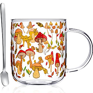 Mushroom Mug with Handle, 15oz Clear Mushroom Glass Cup, Cute Mushroom Stuff Coffee Mug with Stainless Steel Desert Spoon Long Teaspoons for Coffee Tea Milk Gift Decor