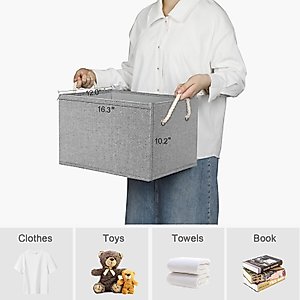 TOPIA HOME Closet Organizers and Storage Bins for Shelves, EXTRA LARGE, 3-Pack Foldable Storage Baskets for Organizing with Rope Handles, Collapsible Fabric Cube Organization Boxes, Gray, TP03DG