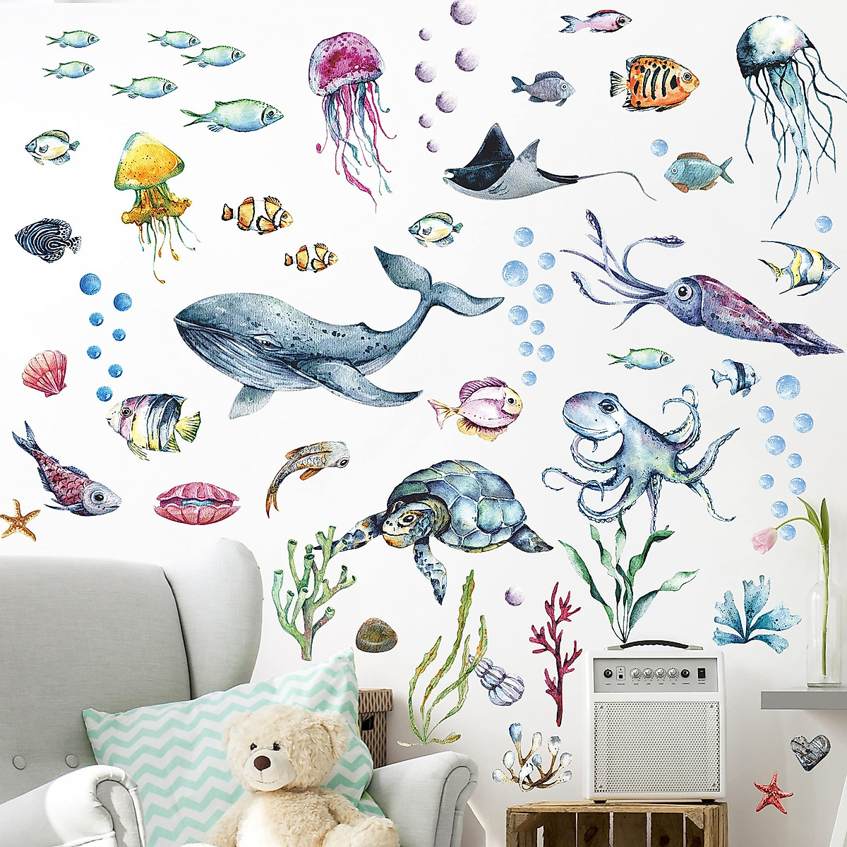 LiveGallery Ocean Life Wall Decals Under The Sea Wall Stickers Whale Jellyfish Clownfish Sea Turtle Cuttlefish Shell Seaweed Conch Coral Wall Decorations for Kids Bedroom Living Room Nursery