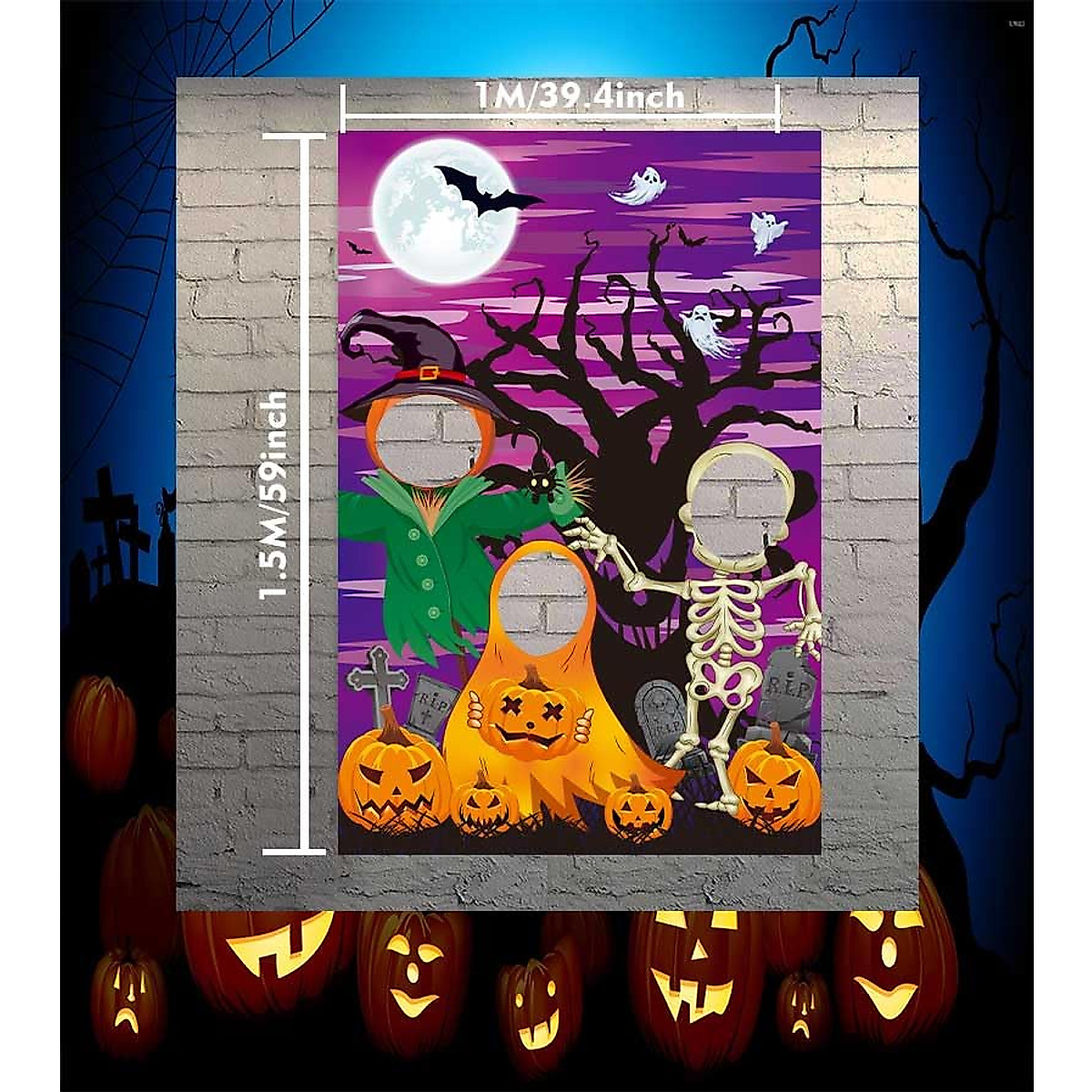 Halloween Door Decorations Backdrop Halloween Photo Door Banner Pumpkin Head Scarecrow Ghosts Skeletons Hole in Face Party Prop Halloween Photography Background Halloween Theme Party Supplies
