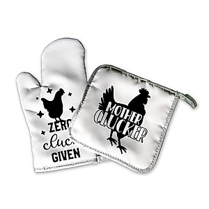 Farmhouse Decorative Kitchen Hot Plate Pot Holder Oven Mitt Set | Zero Clucks Given Mother Clucker | Funny Country Rustic Summer Fall | White Home Decor Decorations