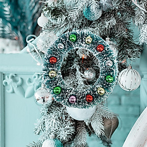 Winlyn 6 Pcs Frosted Teal Miniature Decorated Frosted Sisal Christmas Wreath Bottle Brush Wreaths 4.7" Wide for Winter Christmas Tree Hanging Ornaments Festive Celebration Supplies Holiday Crafts