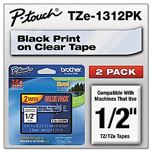 Brother Tze1312pk Tze Standard Adhesive Laminated Labeling Tapes, 1/2-Inch W, Black On Clear, 2/Pack