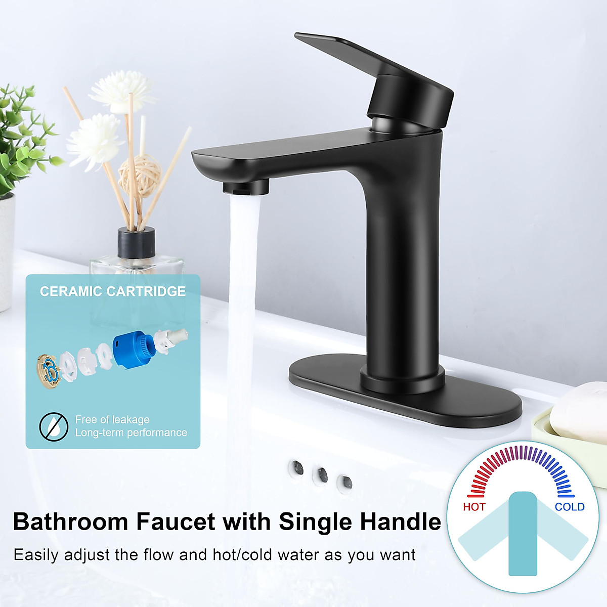 Homikit Bathroom Faucets, Black Bathroom Sink Faucet for 1 Hole or 3 Holes, Matte Black Faucet for Bathroom Sink with Pop Up Drain & Supply Hoses, Stainless Steel Single Handle RV Vanity Basin Faucet