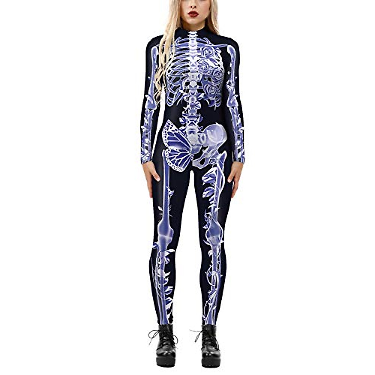 Selowin Womans Skull Pattern Halloween Costume Party Skeleton Slim Catsuit Bodysuit Light Purple S