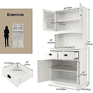 PETSITE Kitchen Hutch Storage Cabinet, Pantry Buffet Cabinet w/Tempered Glass Doors, Double Drawers, Adjustable Shelves & Anti-toppling Fitting, Tall Cupboard for Dining Room (White)