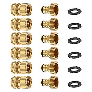 Kesfitt Garden Hose Quick Connector Solid Brass,3/4 Inch GHT Thread Fitting No-Leak Water Hose Female and Male Adapter (6 Sets)