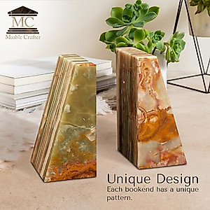 Modern Wedge Marble Bookends – Hand Carved, Polished Stone Bookends w/Non-Slip Rubber Pads – Lightweight & Compact Decorative Bookends (Whirl Green Onyx)