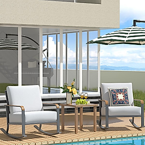 NATURAL EXPRESSIONS Glider Rocking Chair Bistro Set, 3 Pieces Outdoor Patio Furniture Conversation Set with 2 Rocker Chairs, 1 Table and Thick Cushions for Backyard, Porch, Balcony, 350lbs, Grey.
