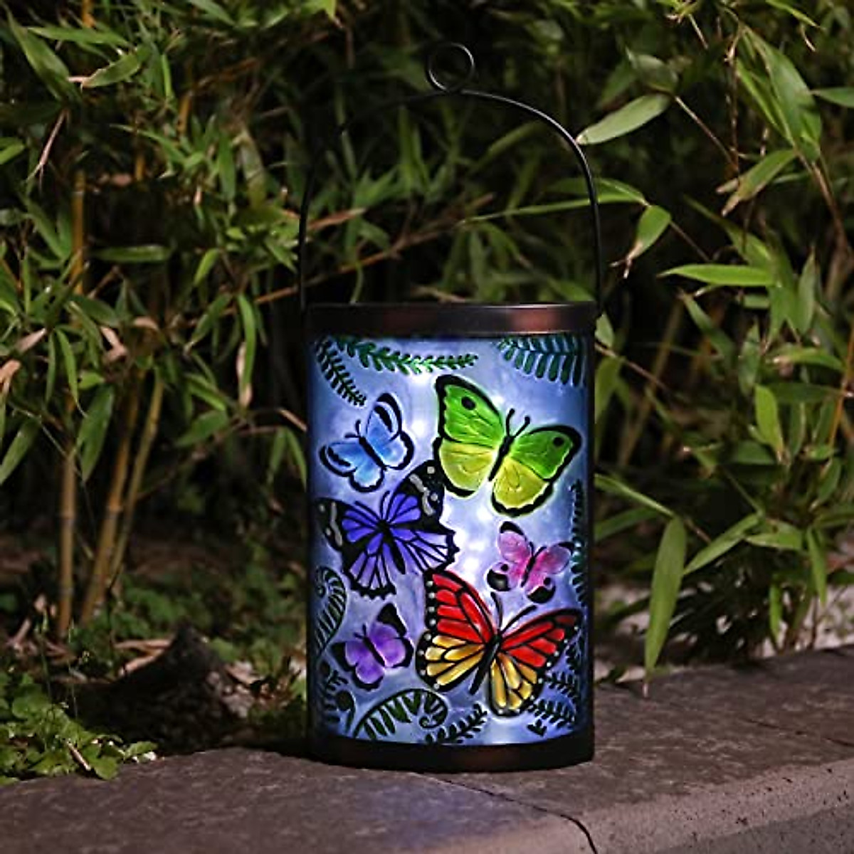 Afirst Hanging Solar Lantern - Decorative Outdoor Glass Solar Butterfly Lights Waterproof LED Tabletop Lamp for Garden Yard Patio Decor