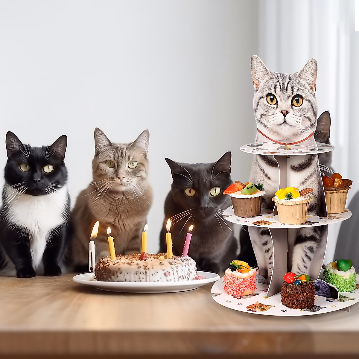 Pasimy Cat Cupcake Stand Party Decorations Cat Theme Cupcake Holder Cardboard 3 Tier Kitten Birthday Party Cake Decorations Pet Lover Dessert Stand for Cat Birthday Party Baby Shower Supplies