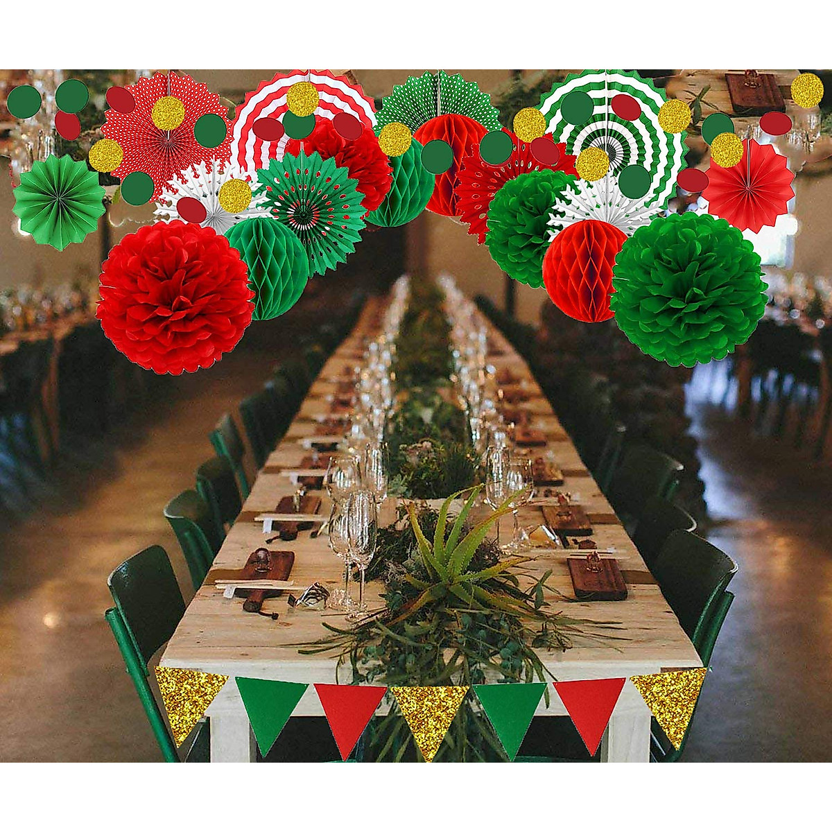 Christmas Party Decorations Banner Indoor and Outdoor Handmade Paper Fan, Honeycomb Trees Honeycomb hat,Christmas Banner Bunting,Swirls Garland Foil Hanging for Christmas Birthday Wedding Baby Shower