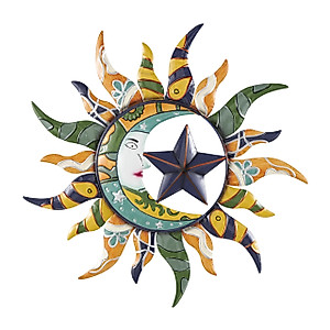 Deco 79 Metal Sun and Moon Home Wall Decor Indoor Outdoor Abstract Patterned Wall Sculpture with Yellow and Blue Accents, Wall Art 25" x 1" x 25", Multi Colored
