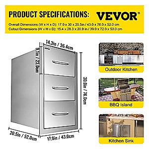 Happybuy 17''W x 30''H Triple Access Stainless Steel with Chrome Handle BBQ Island Drawers for Outdoor Kitchen or Grill Station