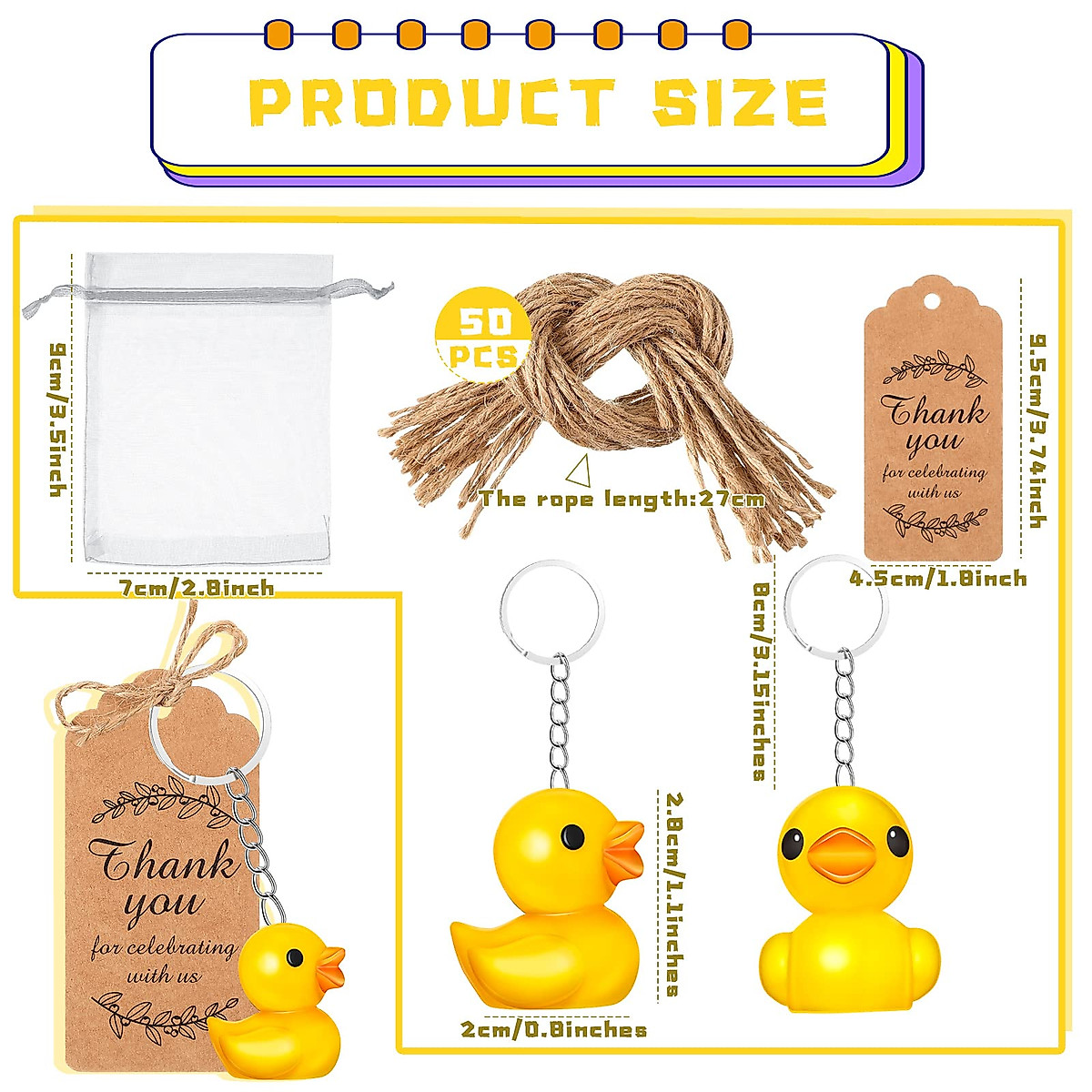 200 Pieces Cute 3D Duck Keychain Rubber Duck Birthday Party Favors Mini Cartoon Duck Key Chain Thank You Tags White Gift Bags with Rope Duck Pendant Accessories for Birthday Party Baby Shower
