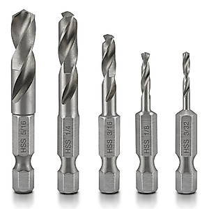 NEIKO 11402A Stubby Drill Bit Set for Metal, 5 Piece 1/4" Quick Change Hex Shank, M2 High Speed Steel for Quick Change, Chucks and Drives Drill Bit Holder Included, Hex Shank Drill Bit Set