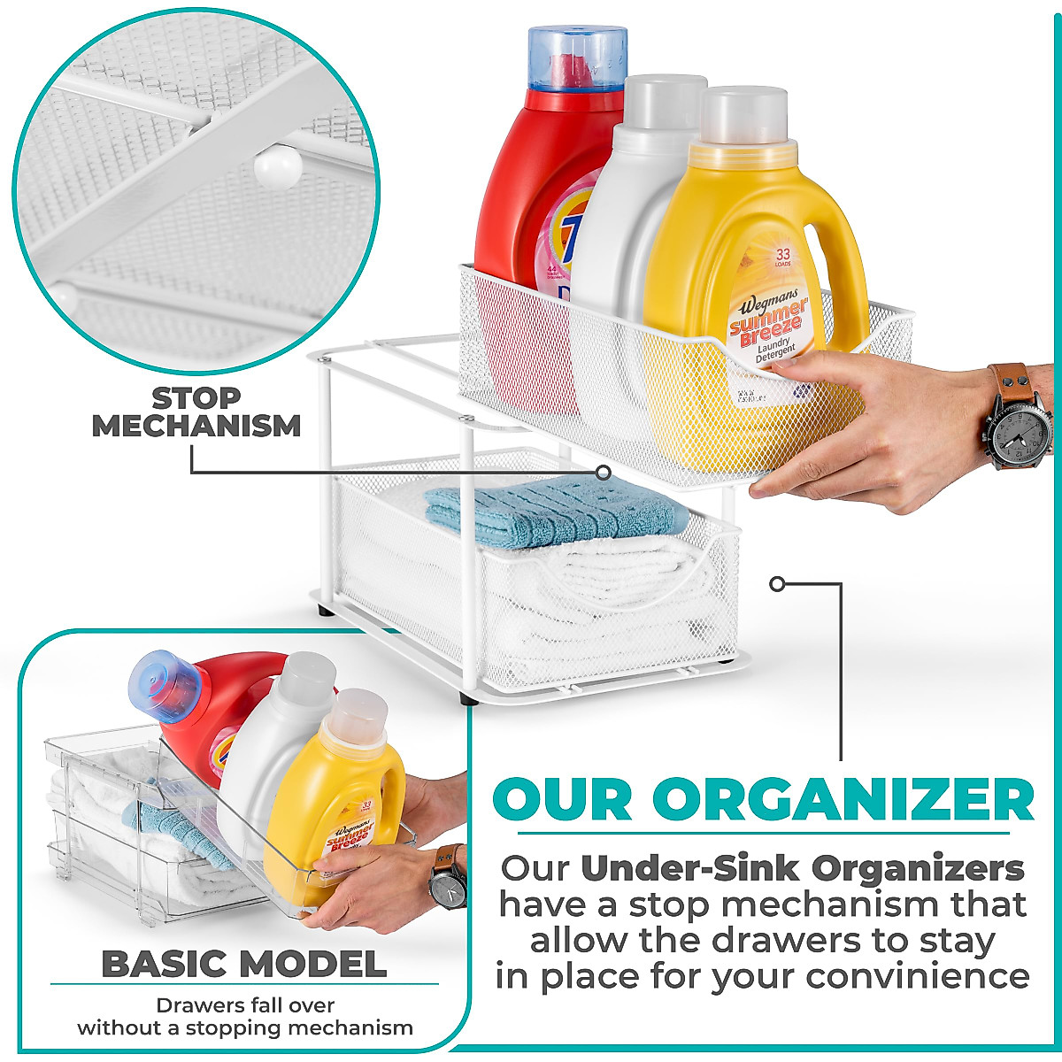 Sorbus 2 Tier Under the Sink Organizer Baskets with Mesh Sliding Drawers —Ideal for Cabinet, Countertop, Pantry, and Desktop, for Bathroom, Kitchen, Office, etc.—Made of Steel (White)