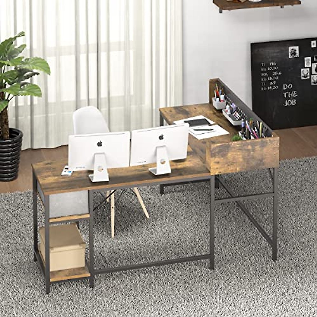 NSdirect Computer Desk,55" Home Office Desk with Bookshelf Industrial Study Writing Table with Space Saving Design Modern Simple Style Laptop Table (Rustic Brown)
