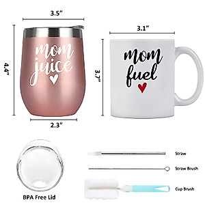 Qtencas Mom Gifts, Mom Juice Mom Fuel Coffee Mug and Wine Tumbler Set, Birthday Christmas Gifts for Mom New Mom Mothers to be Wife Women Mother's Day, Insulated Stainless Steel Wine Tumbler with Lid