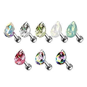 Pierced Owl 16GA Stainless Steel Tear Drop Shaped Crystal Cartilage Helix Tragus Conch Ear Lobe Barbell Stud (Aurora Borealis)