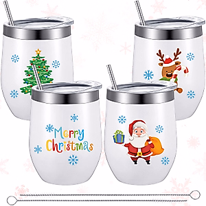 4 Pack Christmas Wine Tumbler 12 oz Stainless Steel Wine Glass Merry Christmas Gift Santa Elk Coffee Mug Holiday Gift for Friends Bff Mom Wife Daughter Coworker Xmas Party Favor Supplies