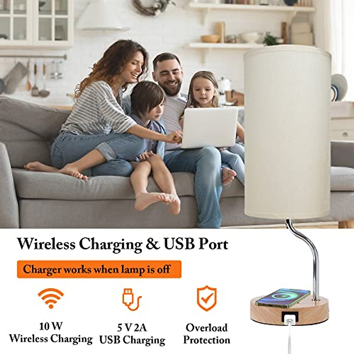 Unfusne Bedside Lamp with Wireless Charger,Nightstand Lamp with USB Port,Dimmable Modern Table Lamp,Touch Lamps for Bedrooms Living Rooms Beside Table,5W Bulb Included