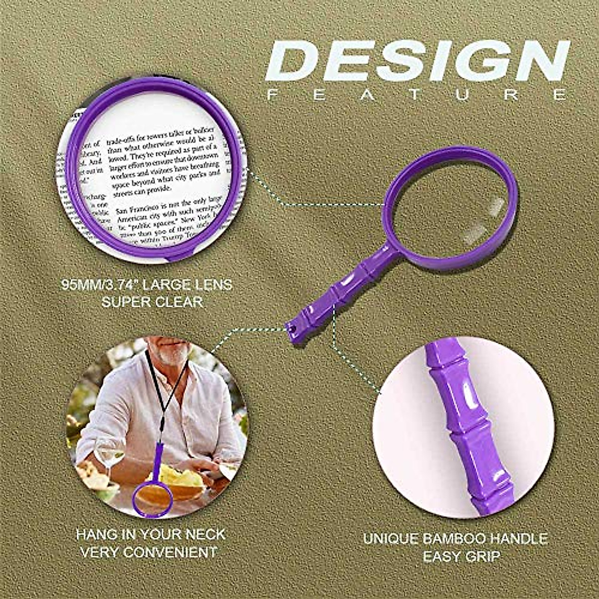 LELE LIFE 10X 95mm Large Magnifying Glass for Seniors and Kids, Unique Bamboo Handheld Reading Magnifier, Hand Held Reading Magnifying Glass for Reading and Hobby Observation, Purple