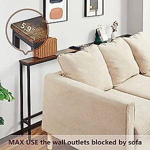 ELYKEN 2 Pack 5.9" Narrow Console Sofa Table with Power Outlets, 5.9" Dx39.4 Wx31.1 H Long Couch Table with Metal Frame and Charge Station with 6.5’ Extension Cord, Rustic Brown