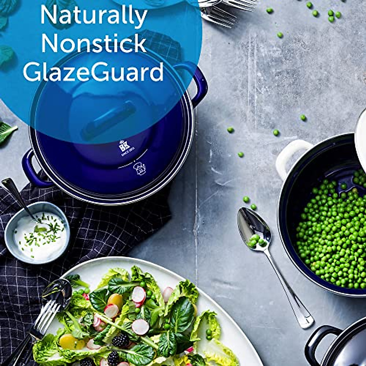 BK Indigo Dutch Heritage Round German Enamelled Casserole with Lid with PFAS-Free Ceramic Non-Stick Coating, 26 cm/5.2 Litre, Induction, Dishwasher Safe, Oven Safe, Cream