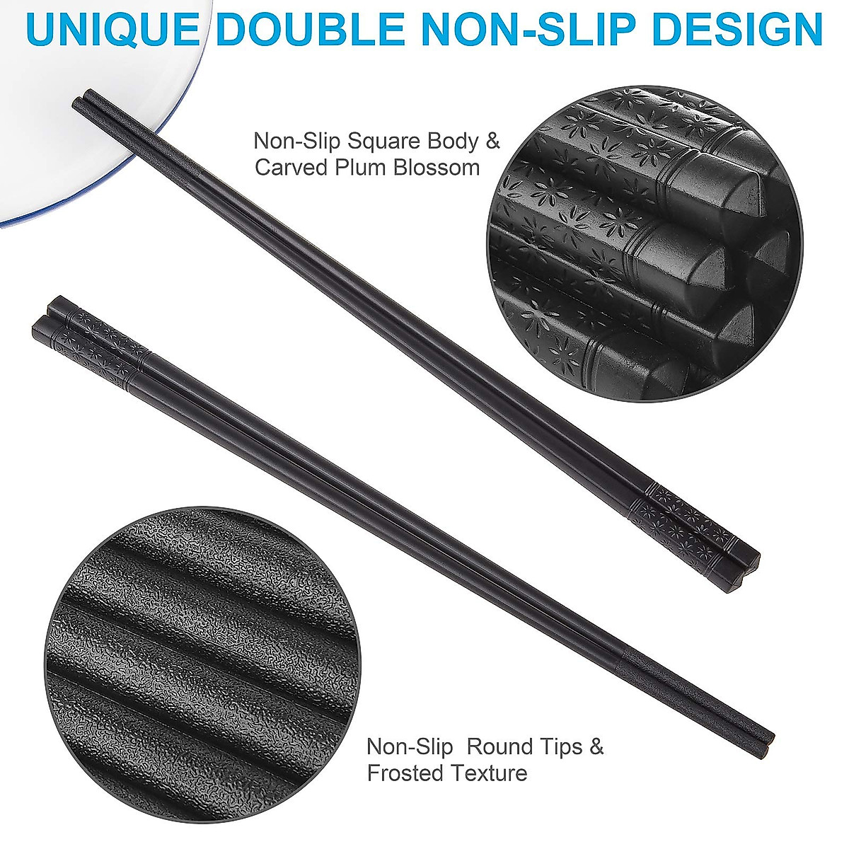 10 Pairs Fiberglass Chopsticks Family Set, ONEHERE Reusable Chinese, Japanese, Korean Chop sticks, Dishwasher Safe, Non-slip, for Sushi, Noodles, Food, Hotpot& Cooking, 9.5 inches, Classic Black