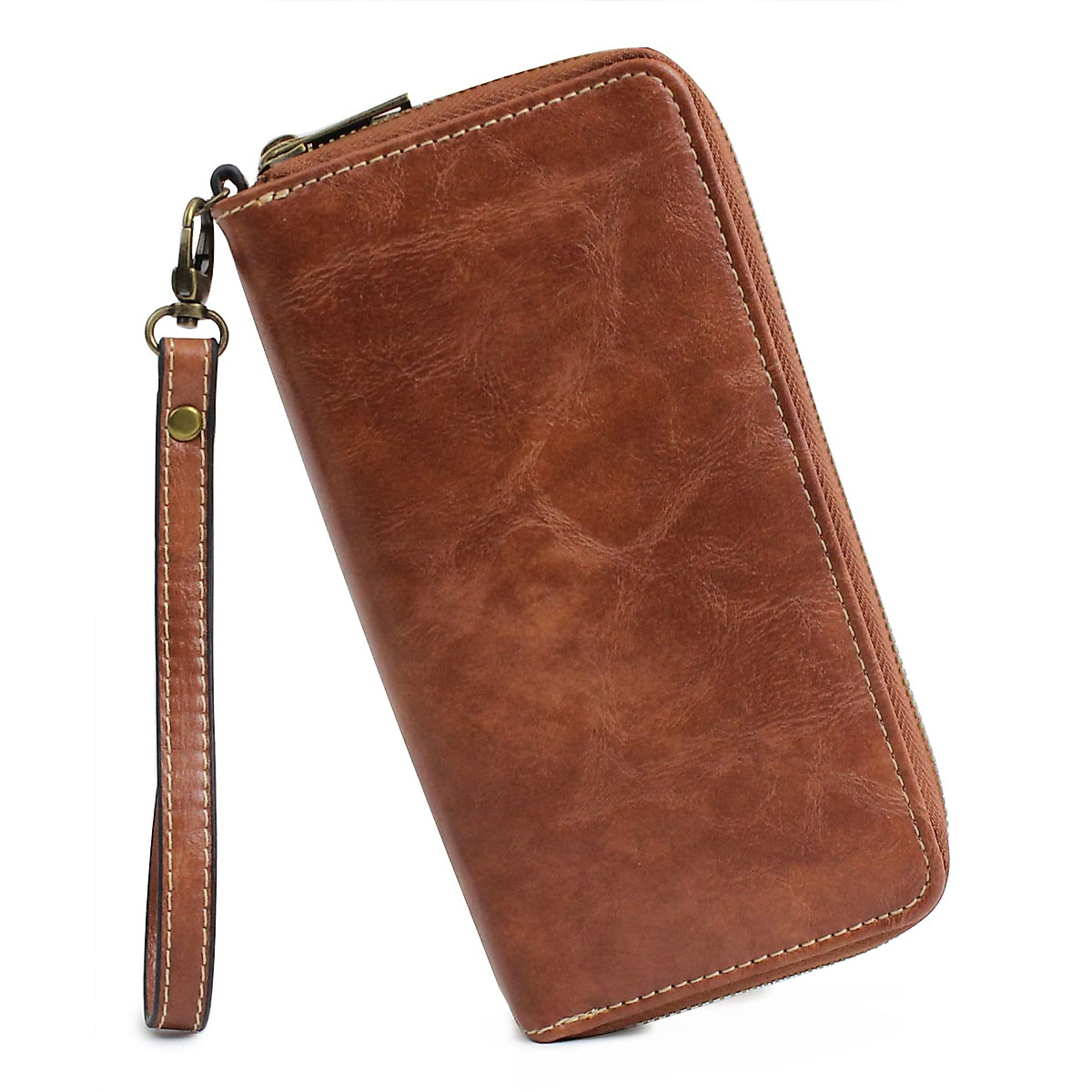 Autumnwell RFID Blocking Double Zipper Long Clutch Wallet Cellphone Wallet for Women with Hand Strap for Card, Cash, Coin, Bill (beige)