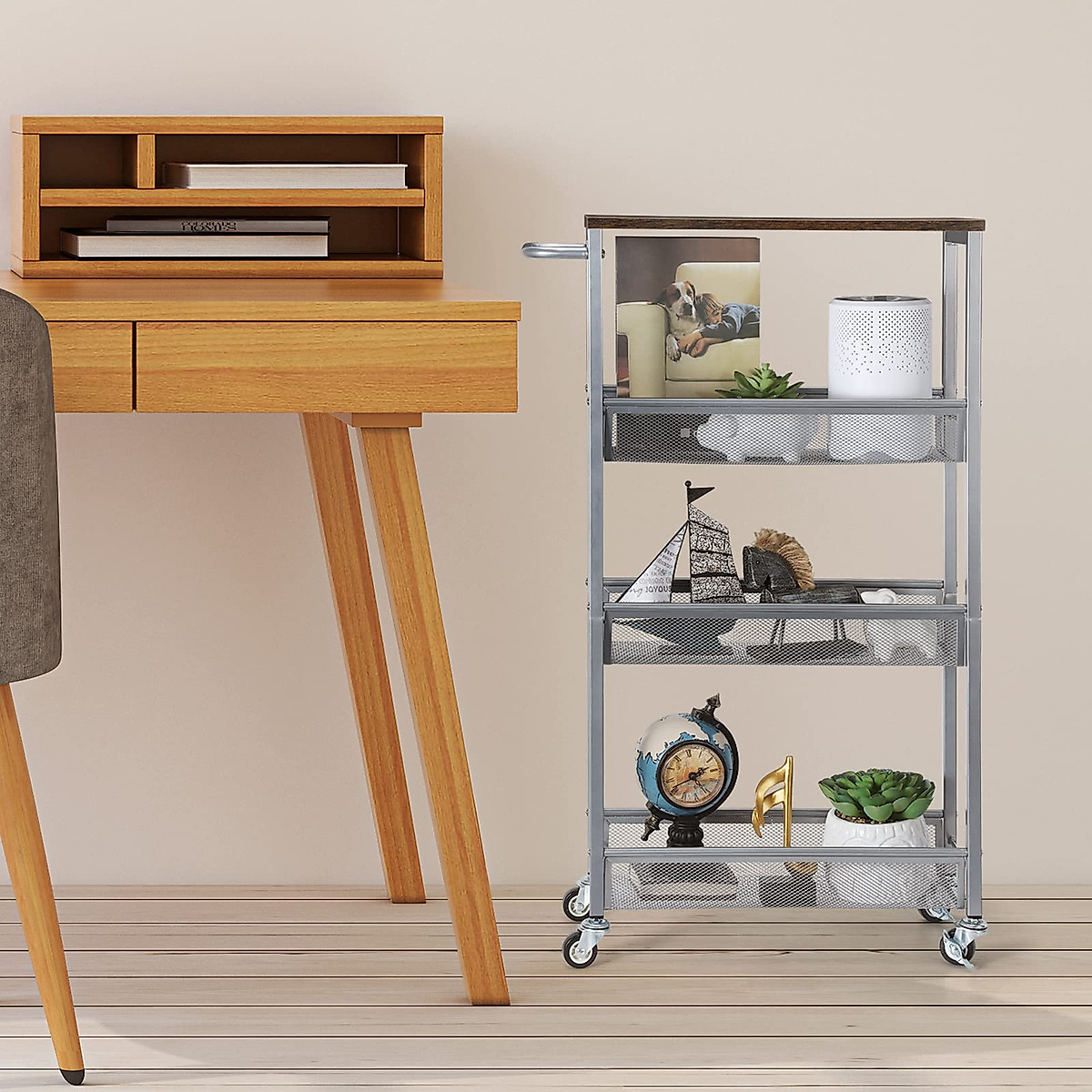 NANANARDOSO Slim Rolling Cart, Narrow Cart with Wood Top, 7.3'' Deep, Metal Handle and Wire Mesh Kitchen Cart for Narrow Space on Kitchen, Bathroom, Silver.
