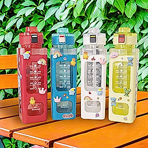 FANOVO Kawaii Water Bottle for Girls, Kawaii Water Bottle with Time Marker, Cute Kids Water Bottles with Straw, Square Drinking Portable Leakproof Aesthetic Water Jug for School (White-30 OZ/ 900ml)