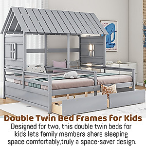 Harper & Bright Designs House Bed with 2 Twin Platform Beds for Kids,Wooden Double Twin Beds with Storage Drawers and Roof, 2 Beds in 1 Shared Beds for Girls or Boys,No Box Spring Needed,Grey
