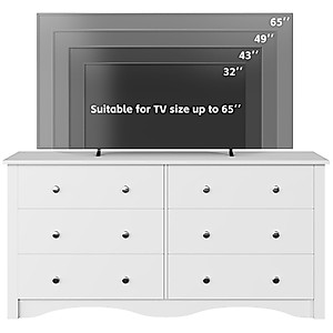Furmax 6 Wood Drawers Dresser for Bedroom, Double Dresser for TV up to 65 inch, TV Stand Storage Chest of Drawers for Living Room Hallway Entryway (White)