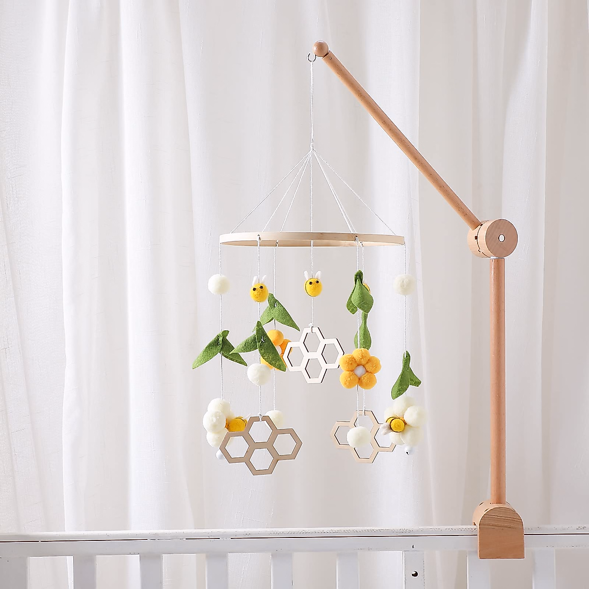 Baby Crib Mobile for Boys Girls/Bees Nursery Mobile/Nursery Cot Mobile/Gender Neutral Felt Ball Mobile/Ceiling Mobile