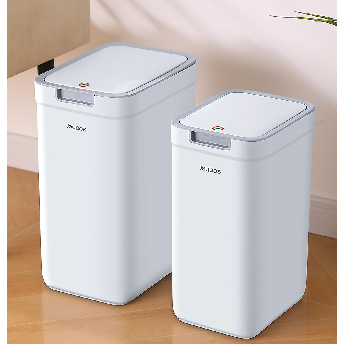 funest Bathroom Trash Can with Lid, 2 Pack Small Garbage Can for Bedroom with Pop-Up Lid, S01 Dog Proof Trash Bin, Plastic Wastebasket for Office, Living Room (3.6 Gal with Lid + 2.4 Gal with Lid)