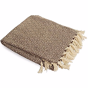 Brown Cotton Throw Blanket - Chevron Pattern with Decorative Fringe - Farmhouse Stripped Throws for Couch Bed Sofa Chair Beach Camping - Lightweight Warm Soft Cozy Soft - Home Living Room Decor