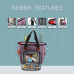 LOOEN Yarn Knitting Storage Tote-Large Capacity Crochet Organizer Portable Travel Bag with Shoulder Strap Crochet Hooks Case for Unfinished Bulk Project Purple