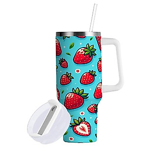 Jihqo Cute Strawberry Red Blue 40 oz Stainless Steel Vacuum Insulated Tumbler with Handle and Straw Lid, Leakproof Water Bottle Double Wall Travel Mug Coffee Cup, Cupholder Friendly