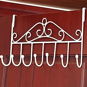 Decorative Over Door Hooks with 7 Hooks - Hanging Storage Rack for Clothes, Hats, Purses, and More - Sturdy Metal Over The Door Towel Hook for Bedroom, Bathroom, and Closet (White)