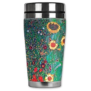 Mugzie Klimt Sunflowers Travel Mug with Insulated Wetsuit Cover, 16 oz, Black
