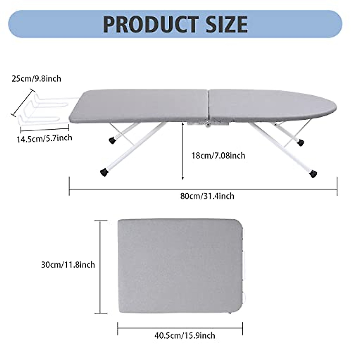 VeYocilk Tabletop Ironing Board, Reinforced Foldable Iron Board with Iron Rest, Portable Travel Small Ironing Board with Heat Resistant Cover for Home, Countertop, Laundry Rooms, Dorm, 31.4"x9.8"x7"