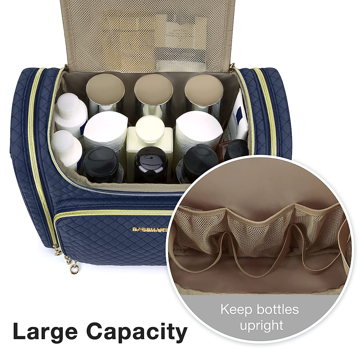 BAGSMART Travel Toiletry Bag, Toiletry Bag for Women, Water-resistant Cosmetic Makeup Bag, Large Capacity Travel Organizer for Full Sized Toiletries and Cosmetics, Navy Blue