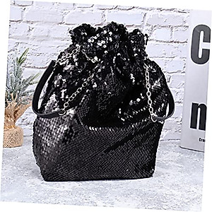 VALICLUD 2pcs Single Shoulder Evening Girls Fashion Handbag - Girl Sequined Bucket Tote Women Clutch Sequins Purse Glitter Sequences with for Draw Strap Chain Messenger Black Sequin Bag