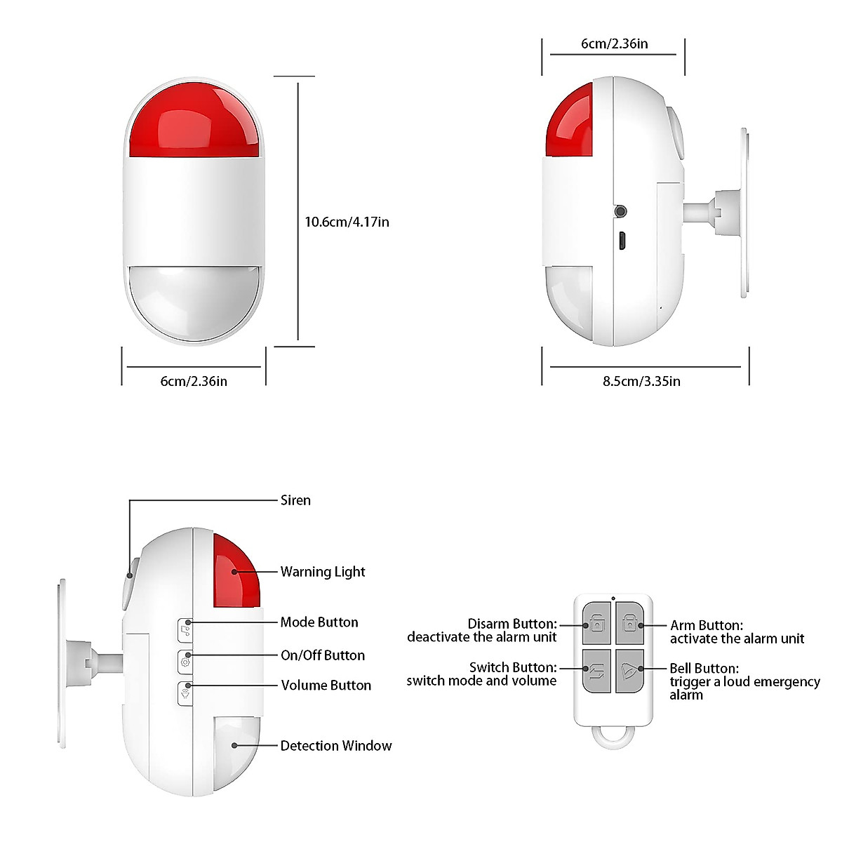Motion Sensor Alarm, PIR Indoor Motion Detector with Siren, 125dB Motion Detector with Remote Control(White)