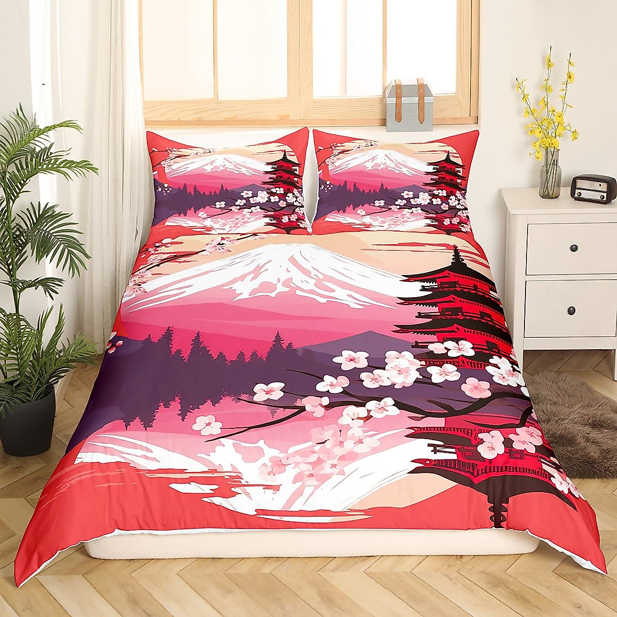 Red Ukiyoe Print Duvet Cover Cherry Blossom Bedding Sets Queen Japanese Mount Fuji Comforter Cover Chic Flowers Florals Bedding Retro Oriental Tower Quilt Cover Decoratives Ultra Soft Cozy 3 Piece